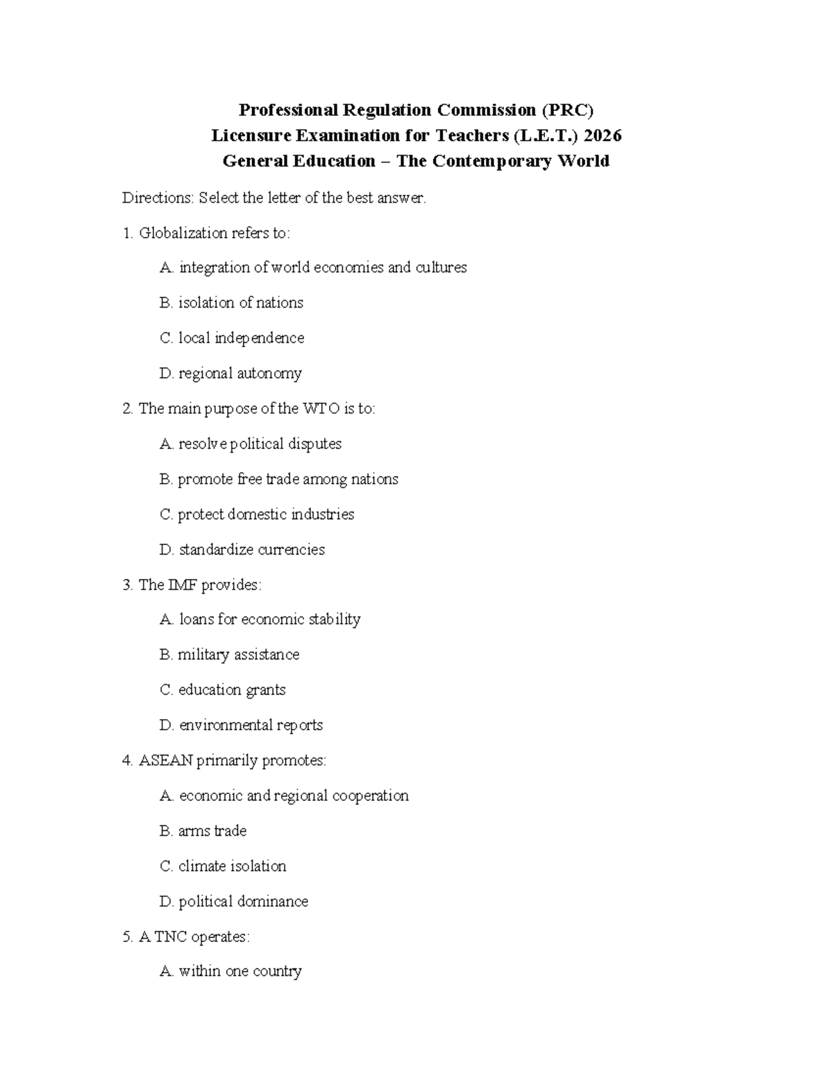 PRC LET 2026 General Education: The Contemporary World Test - Studocu
