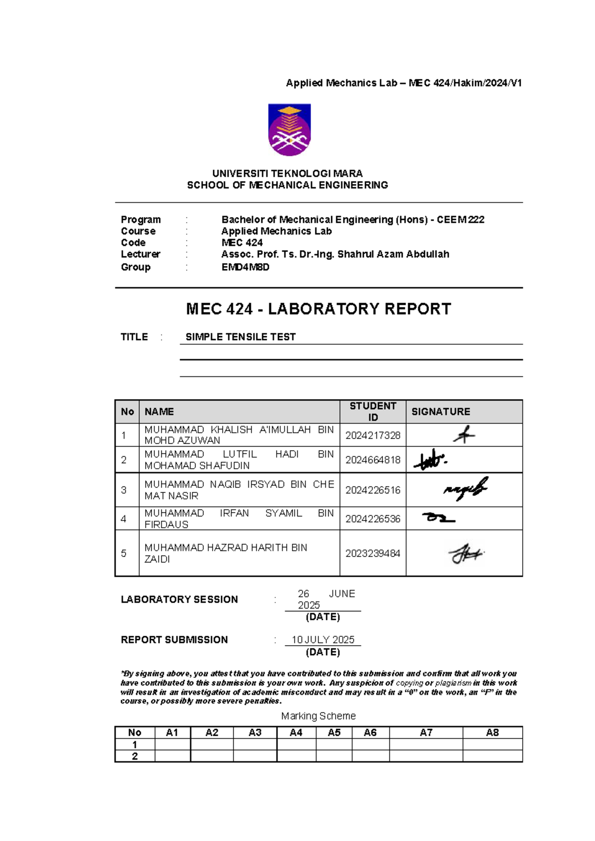 Lab Report on Simple Tensile Test - MEC 424 - Studocu