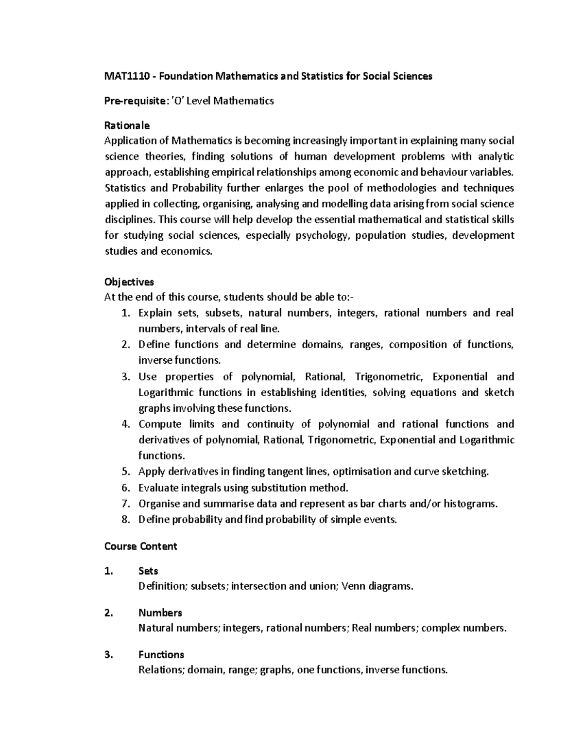 Math1110 Foundation Mathematics & Statistics for Social Sciences 2025 ...