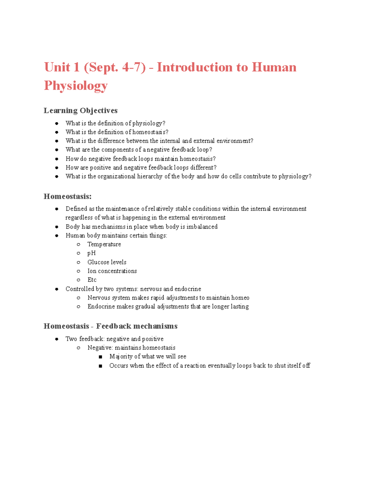 Physiol 2130: Unit 1 - Introduction to Human Physiology Concepts - Studocu