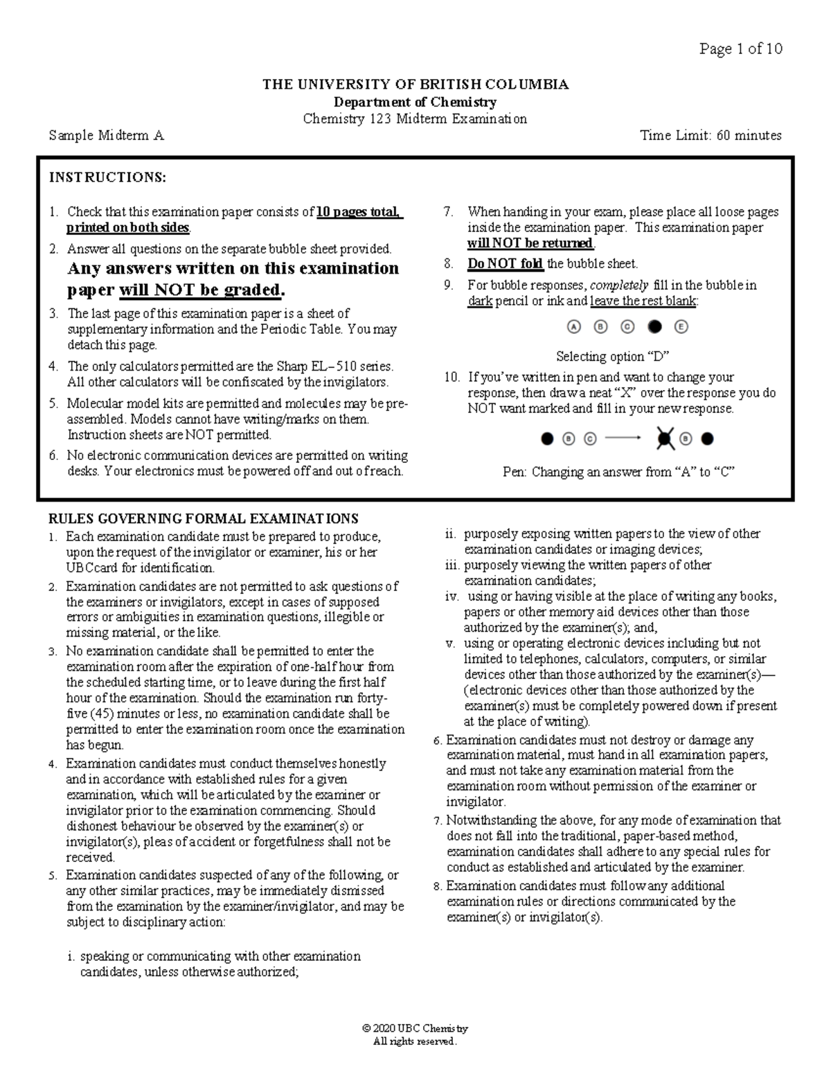 Chemistry 123 Midterm Exam Sample A - Practice Material for 2024W2 ...