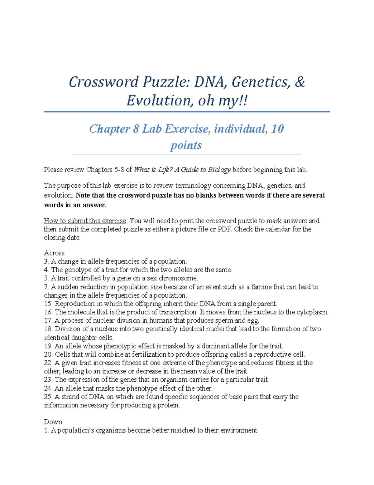 Chapter 8 - Crossword Puzzle Review for DNA genetics and evolution ...