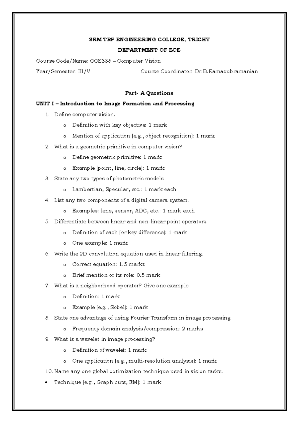 CCS338 Computer Vision Question Bank: Image Processing & Segmentation - Studocu
