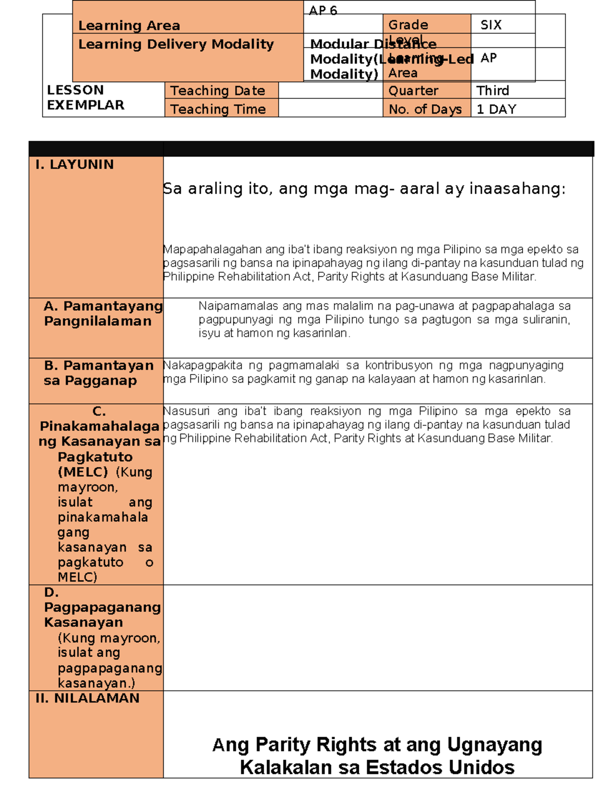 DLP Cot AP 6 Q3 Grade 6 Lesson Exemplar on Philippine Reactions - Studocu