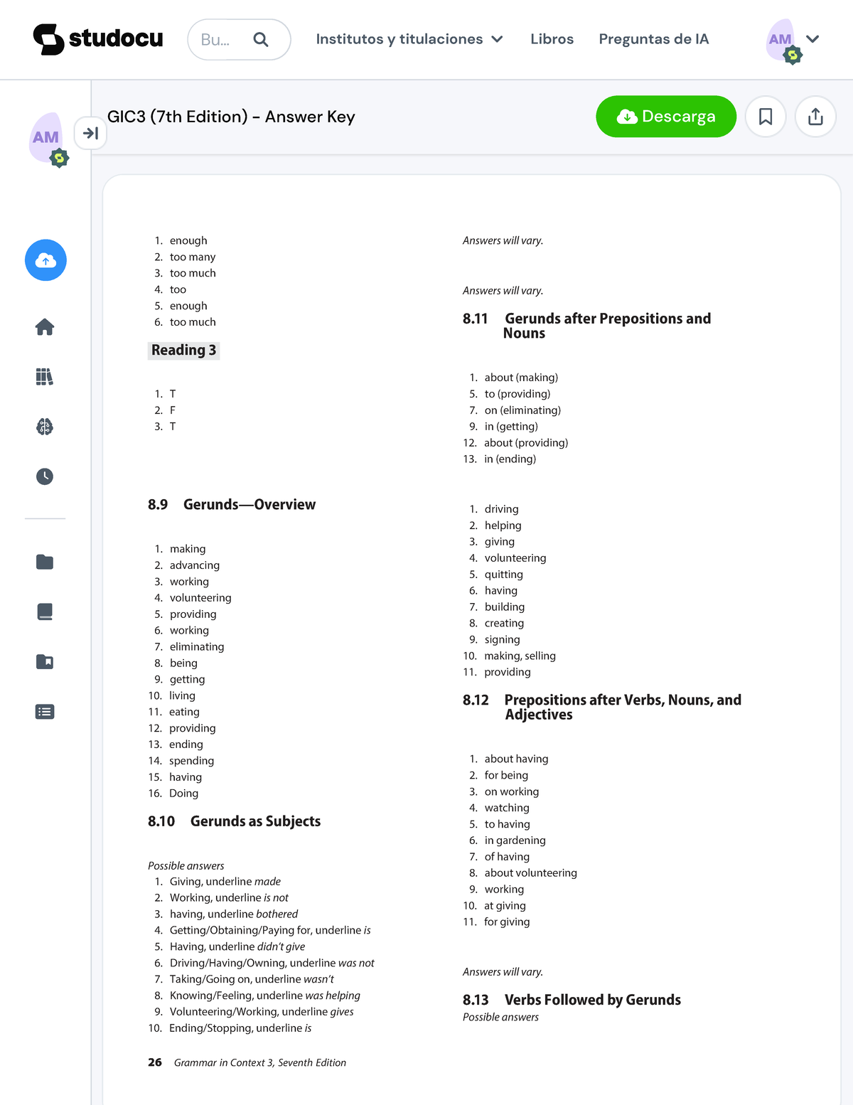 GIC3 (7th Edition) - Grammar Answer Key - Unit Responses and Solutions ...