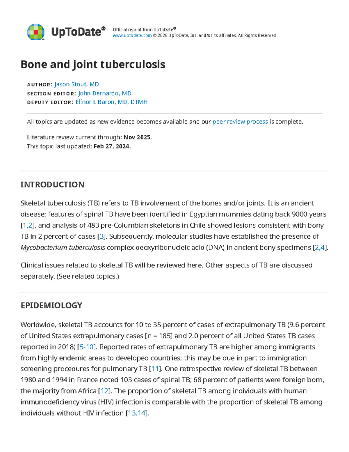 Bone and Joint Tuberculosis: An Overview - UpToDate 2026 - Studocu