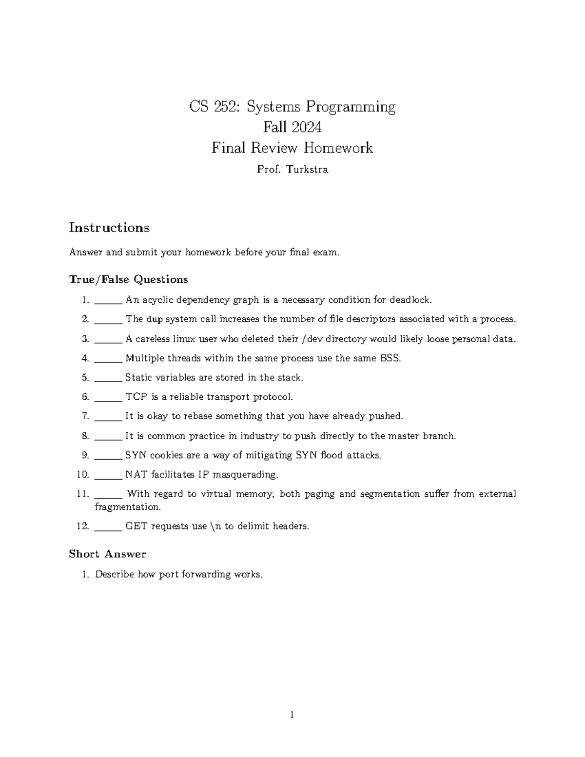 CS 252: Fall 2024 Final Review Homework Guide - Studocu