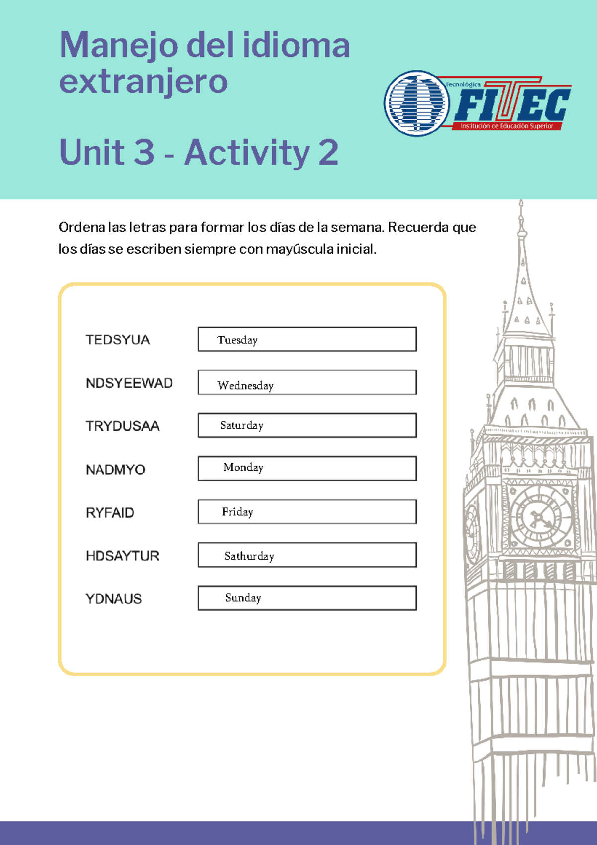 días de la semana - English c1 - Recuerda que los días se escriben ...