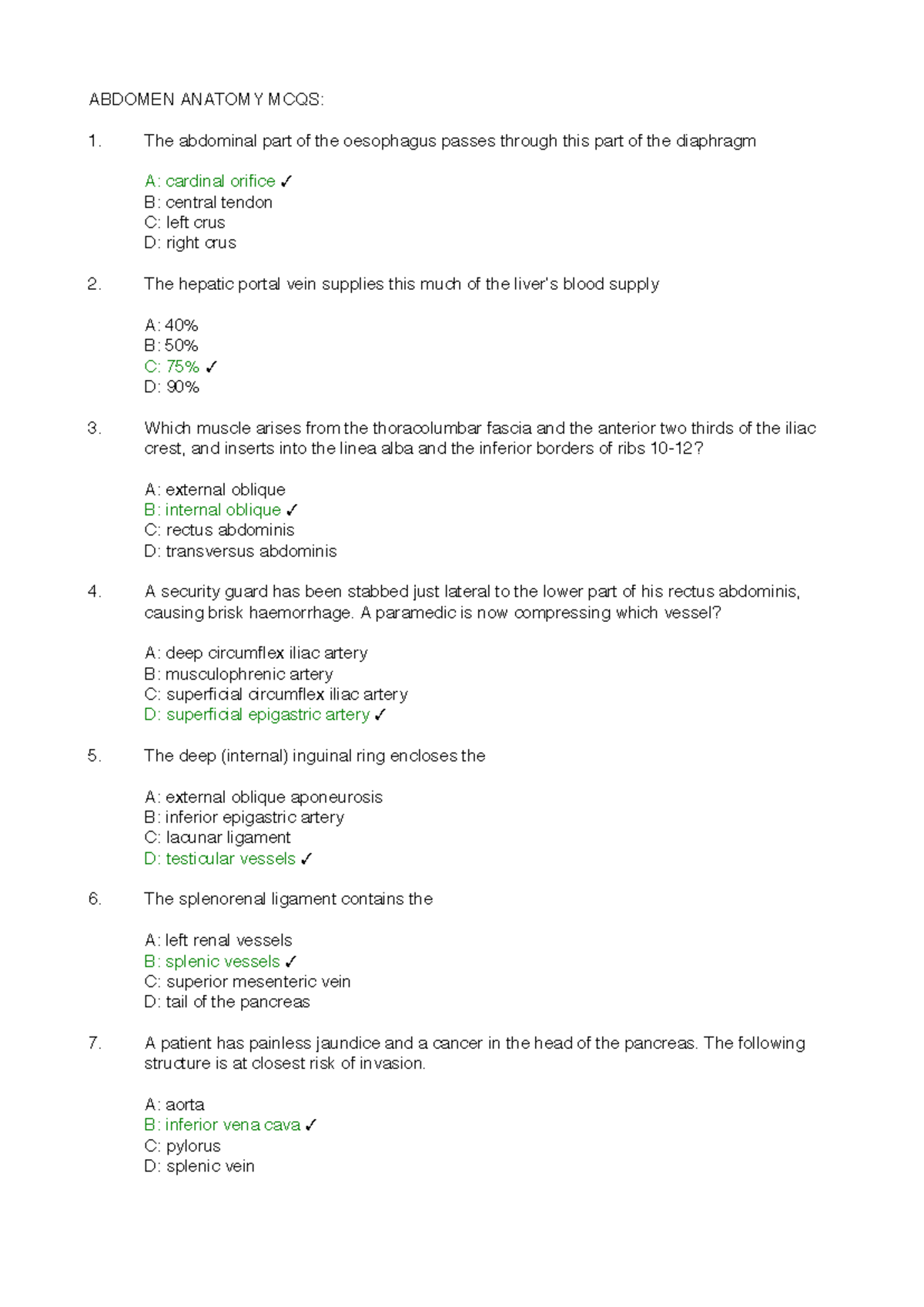 ABDOMEN ANATOMY MCQs & Answers for Exam Preparation - Studocu
