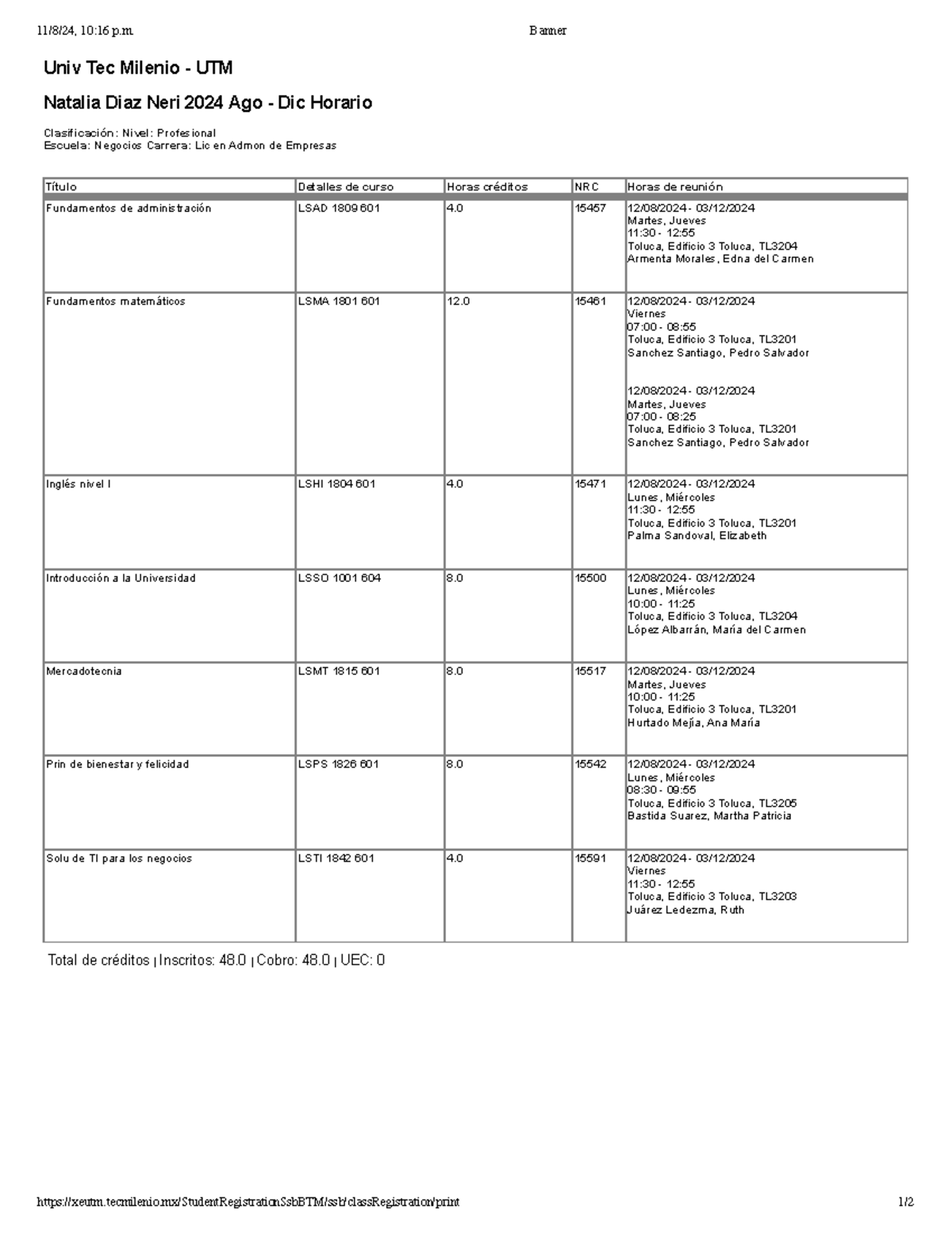 UTM - Natalia Diaz Neri: Course Schedule (Ago-Dic 2024) - Studocu