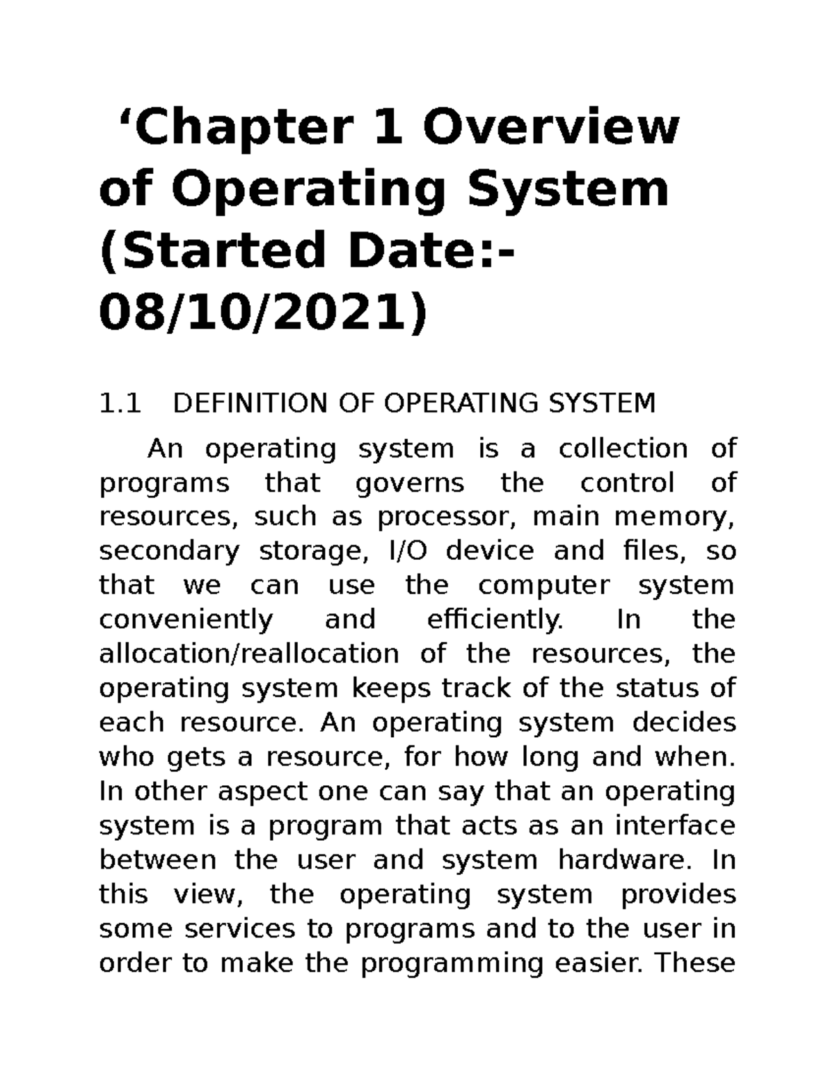 Chapter 1: Overview of Operating Systems (CS101) - Studocu
