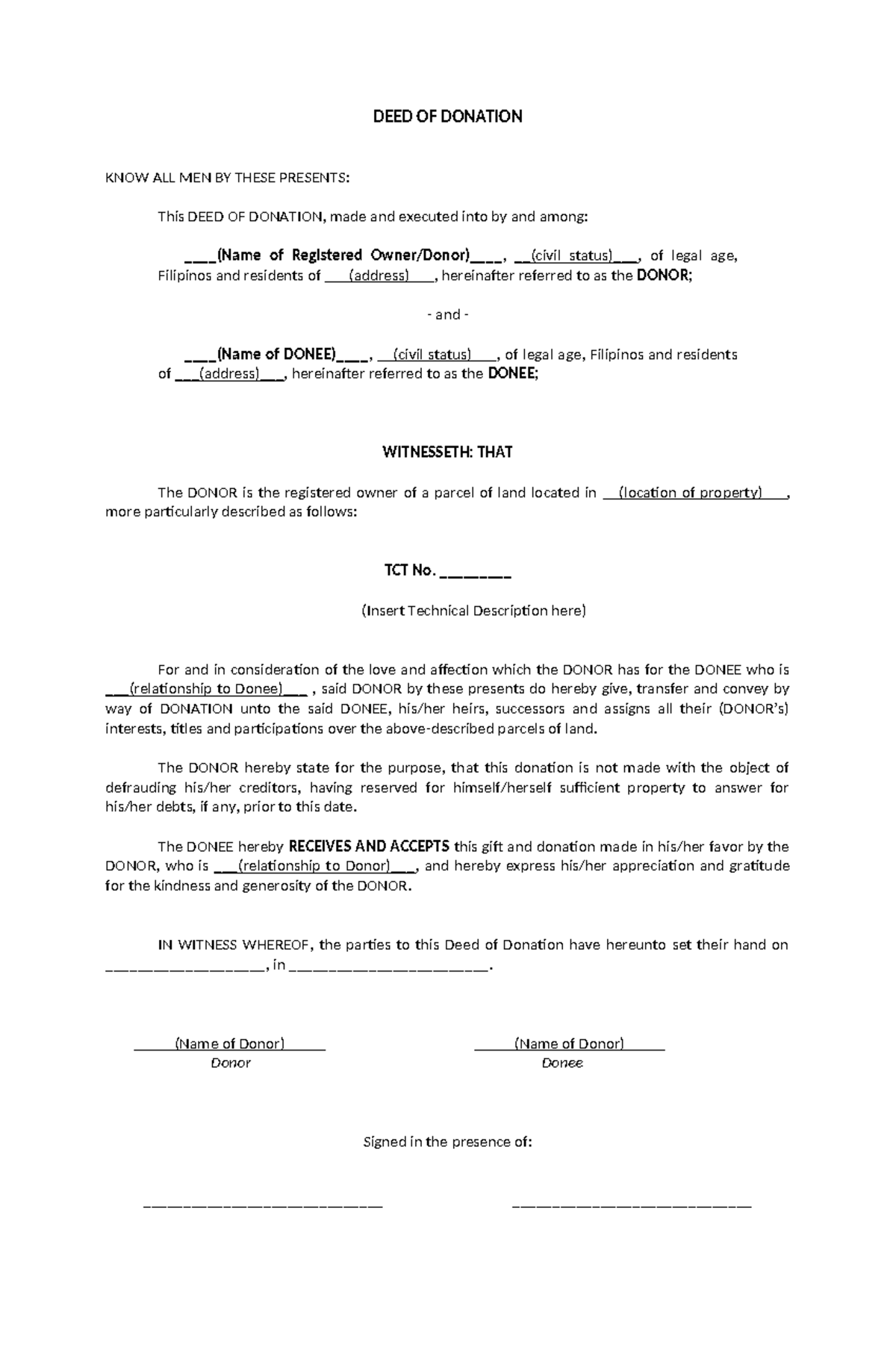 Deed of Donation Template: Legal Format for Donor and Donee - Studocu