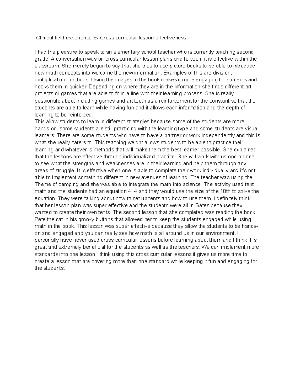 ECE 455 CFE E - Clinical field experience E- Cross curricular lesson ...