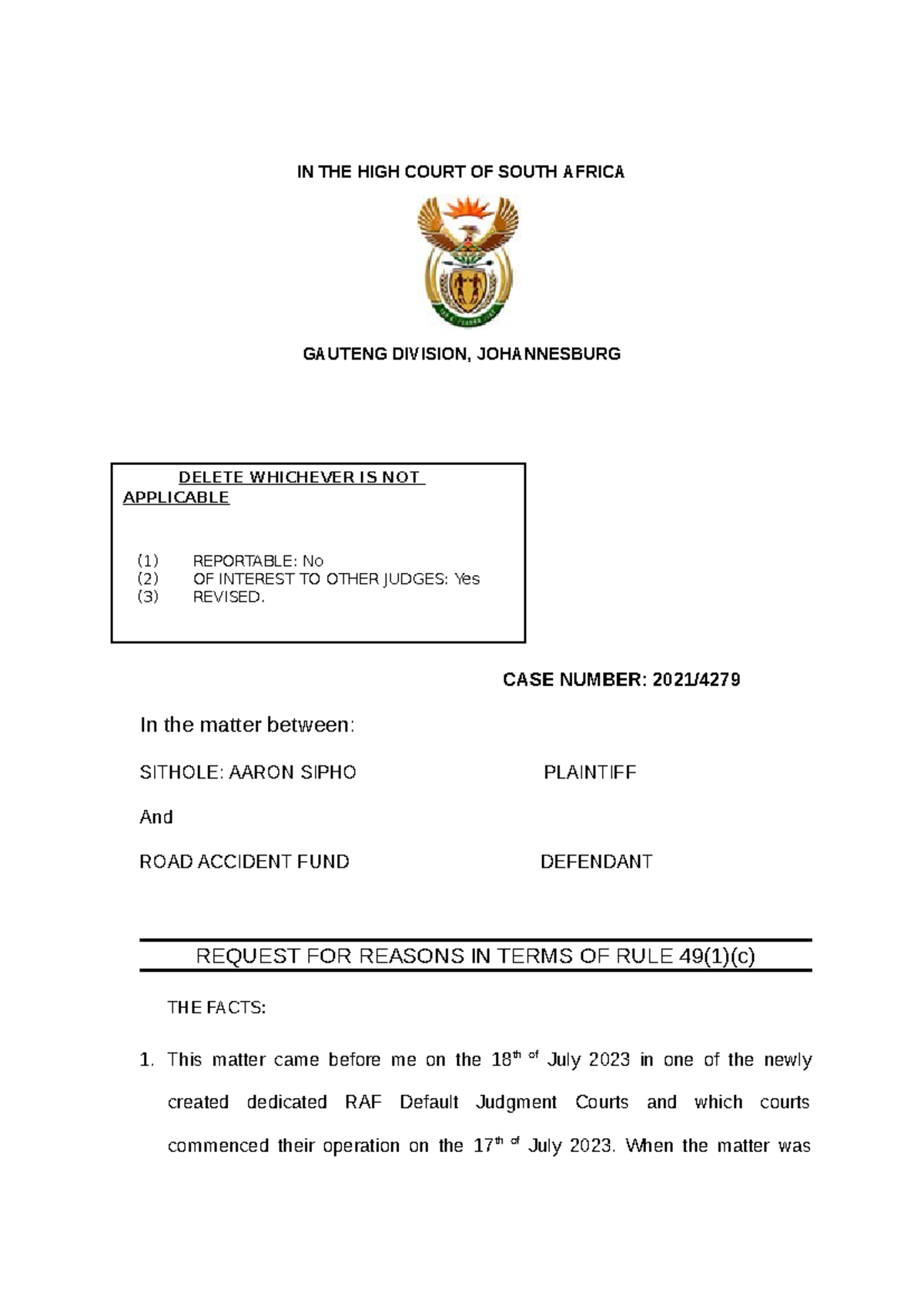 "RAF Case No. 2021: Request for Reasons – Judgment Insights" - Studocu