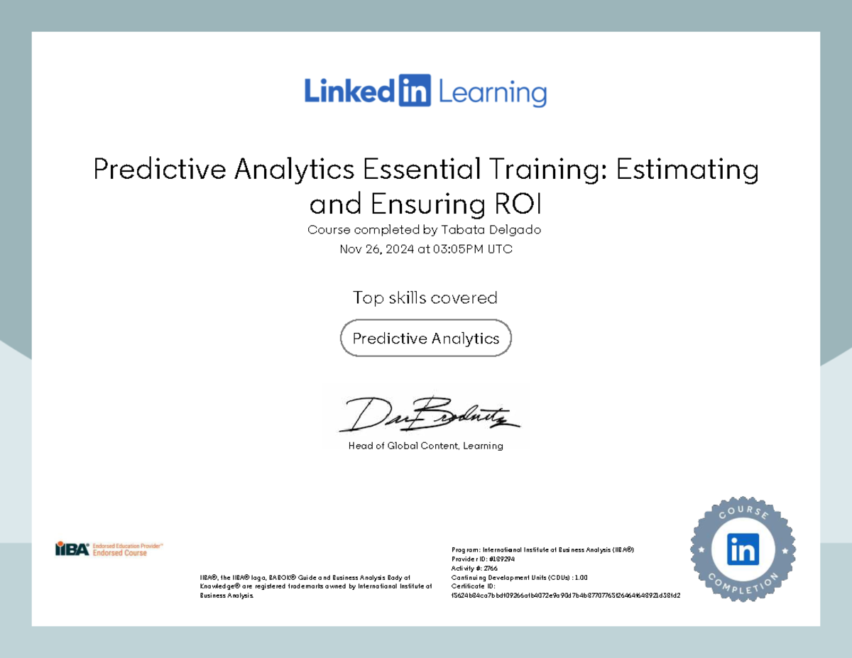 Certificate Of Completion Predictive Analytics Essential Training ...