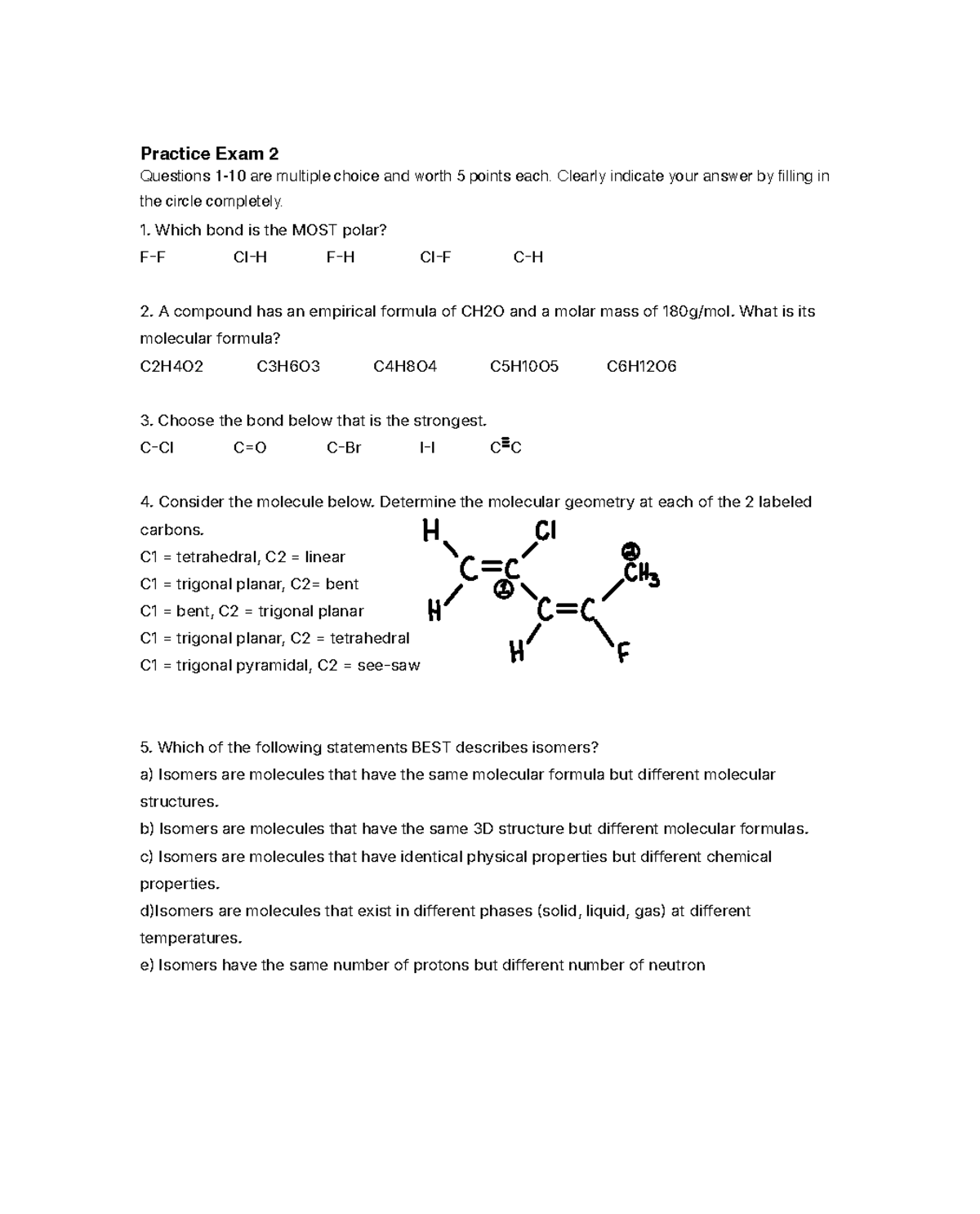 Practice Exam 2: Chemistry MCQs and Concepts Review - Studocu