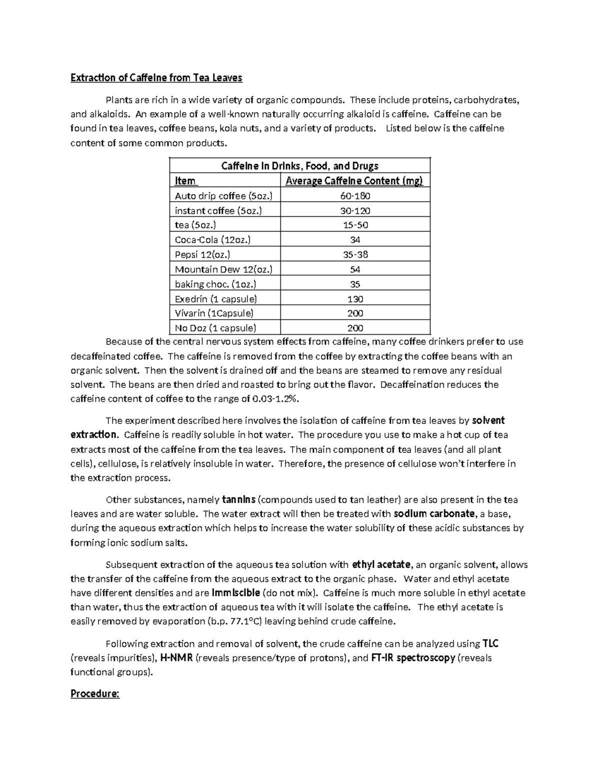 Extraction of Caffeine from Tea Leaves - CHEM 2025 Lab Report - Studocu