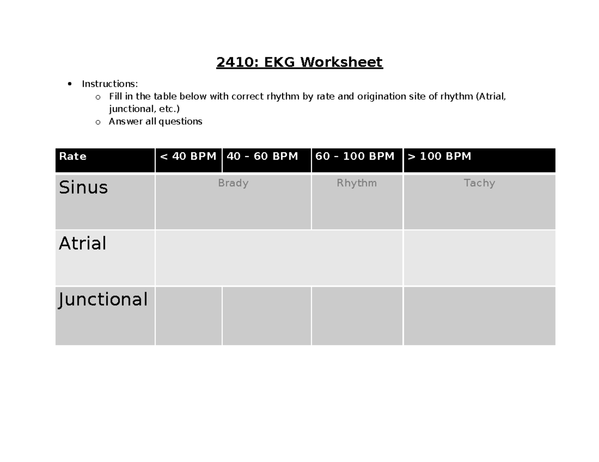2410: EKG Worksheet Instructions and Rhythm Analysis - Studocu