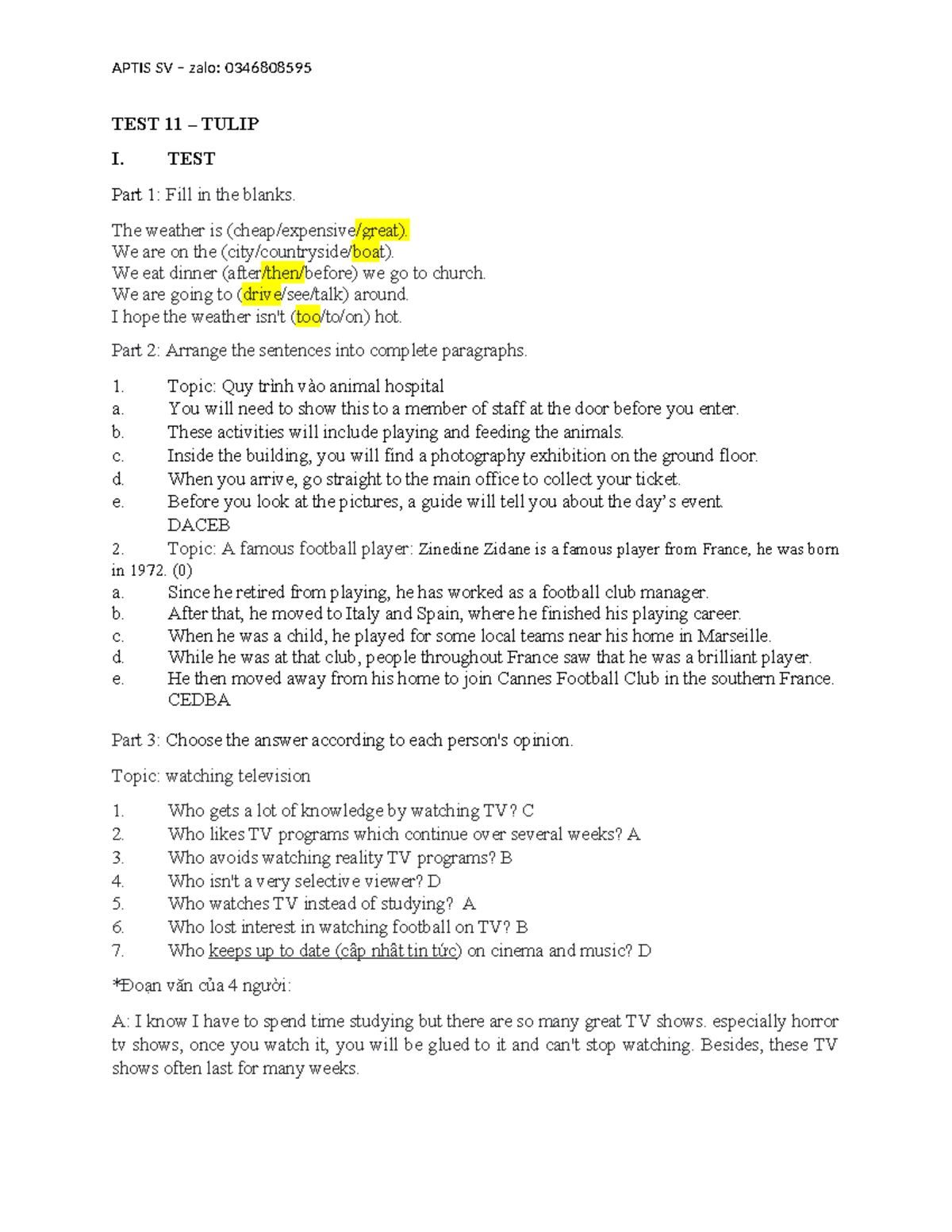 APTIS SV Test 11: Reading Comprehension on Tulips and Related Topics ...