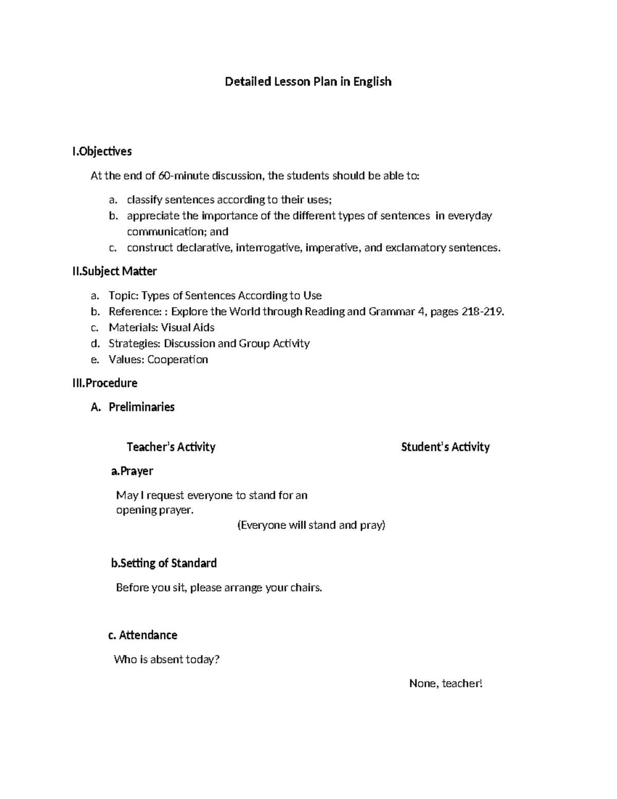 Detailed Lesson Plan: Types of Sentences in English I - Studocu
