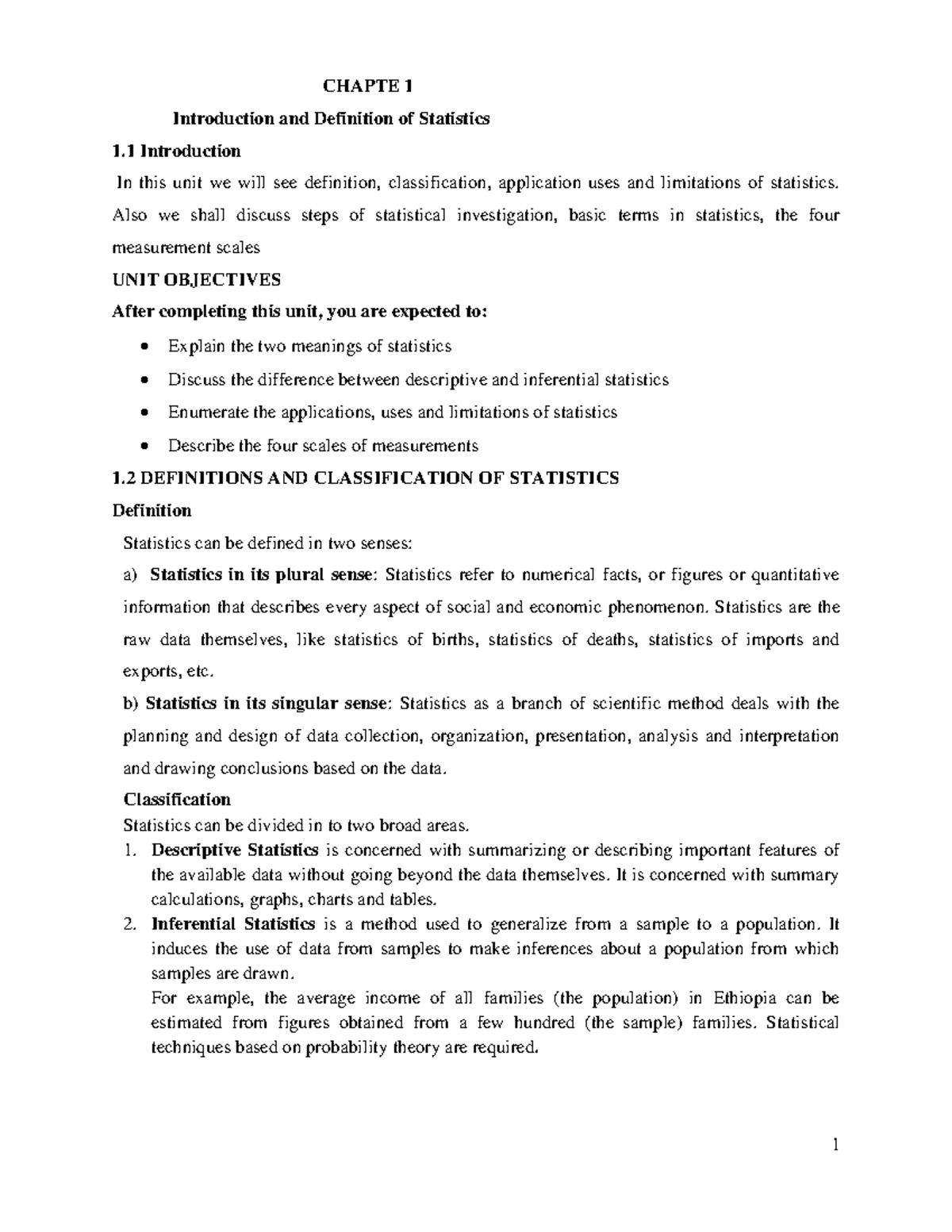 Stat(I) 1-3 Lecture Notes: Introduction to Statistics and Data Methods ...