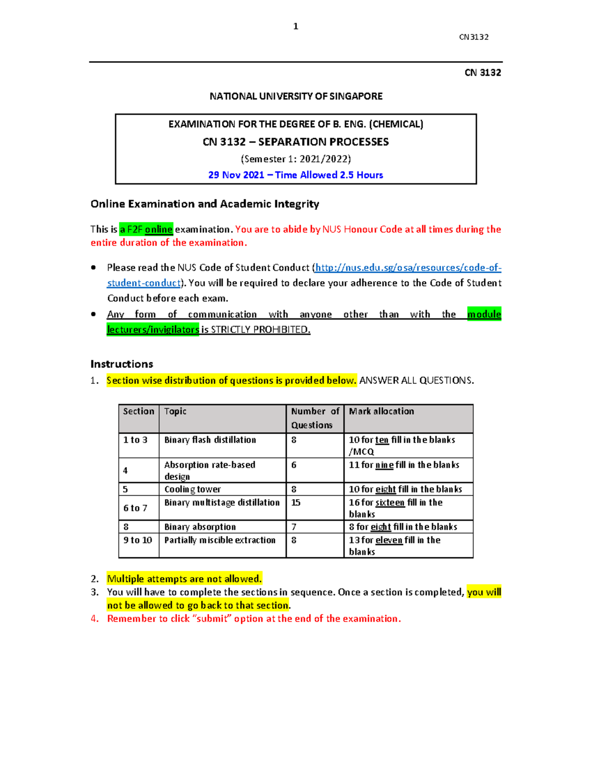 ATM150016 2122SEM1-CN3132 Final Exam: Separation Processes Overview - Studocu