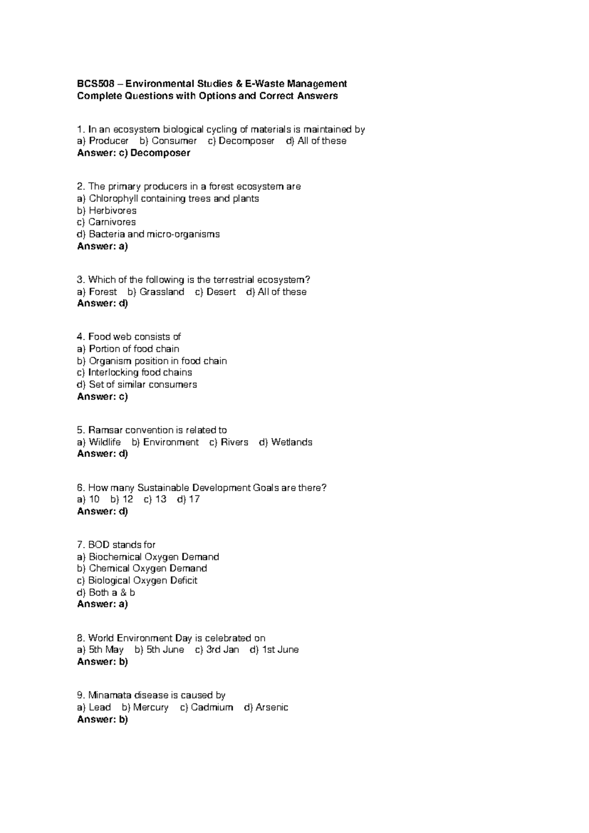 BCS508 Environmental Studies Management: Q&A with Options - Studocu