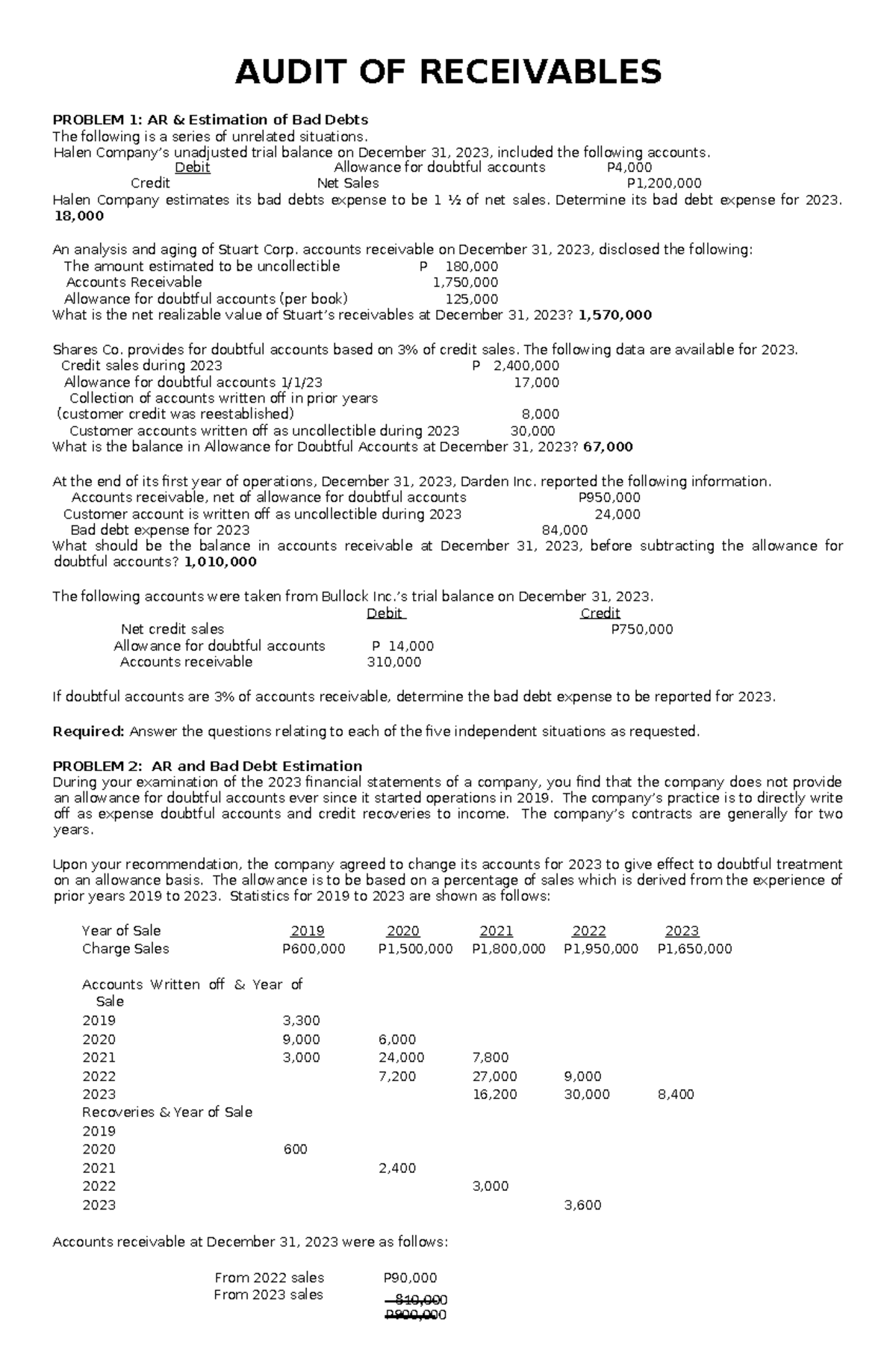 AACA1 - Audit of Receivables - AUDIT OF RECEIVABLES PROBLEM 1: AR ...
