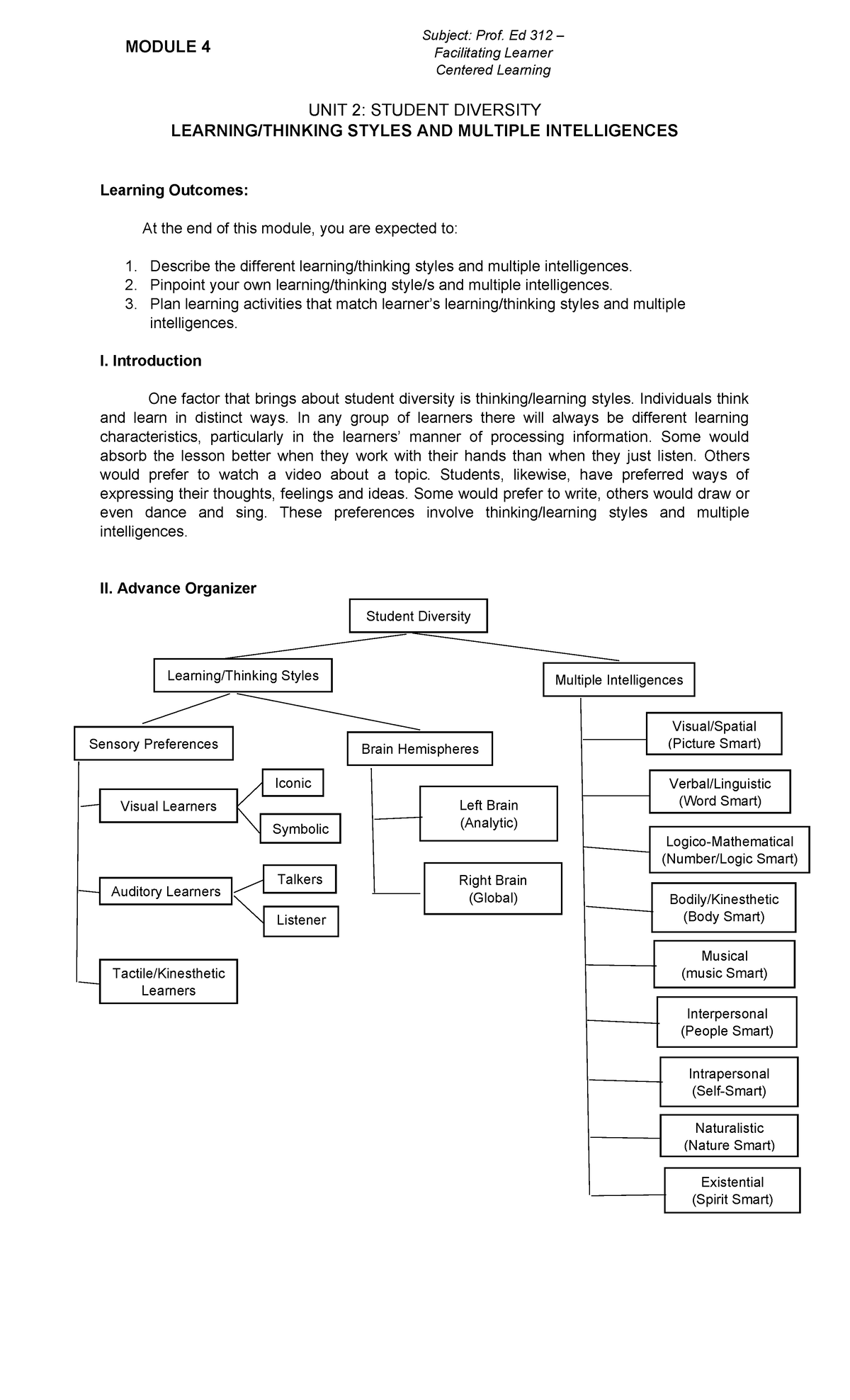 Module 4: Learning/Thinking Styles & Multiple Intelligences (Prof. Ed 312) - Studocu