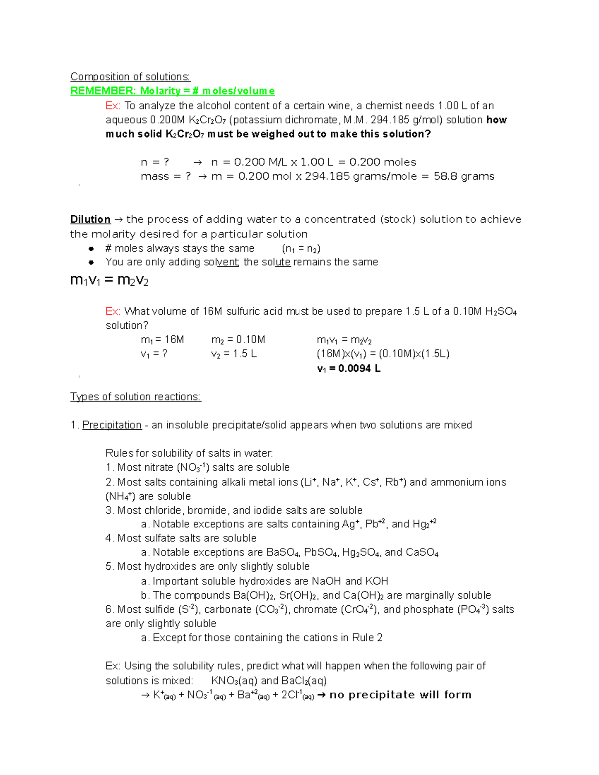 **Chem 1127Q CH4 Lecture Notes on Solution Composition and Reactions ...