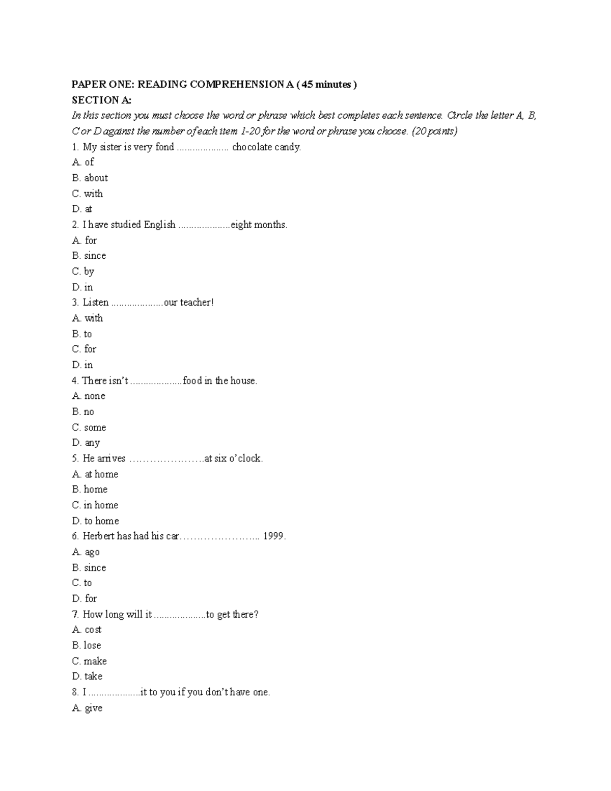 PAPER ONE: READING COMPREHENSION & USE OF ENGLISH EXERCISES - Studocu