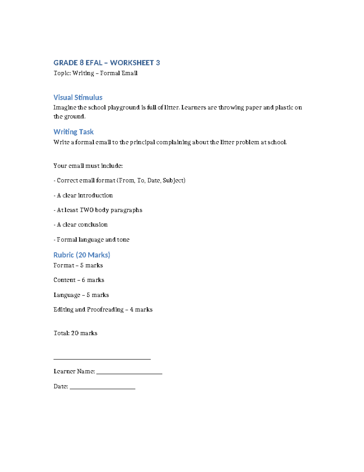 Grade 8 EFAL Worksheet 3 Formal Email Writing-1 - GRADE 8 EFAL ...