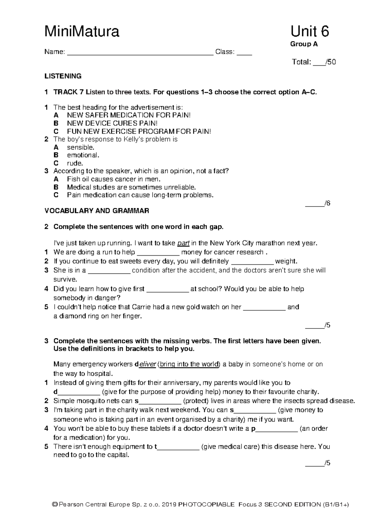 Focus 3 2E Mini Matura Unit 6 Group A Listening & Vocabulary Exercises ...