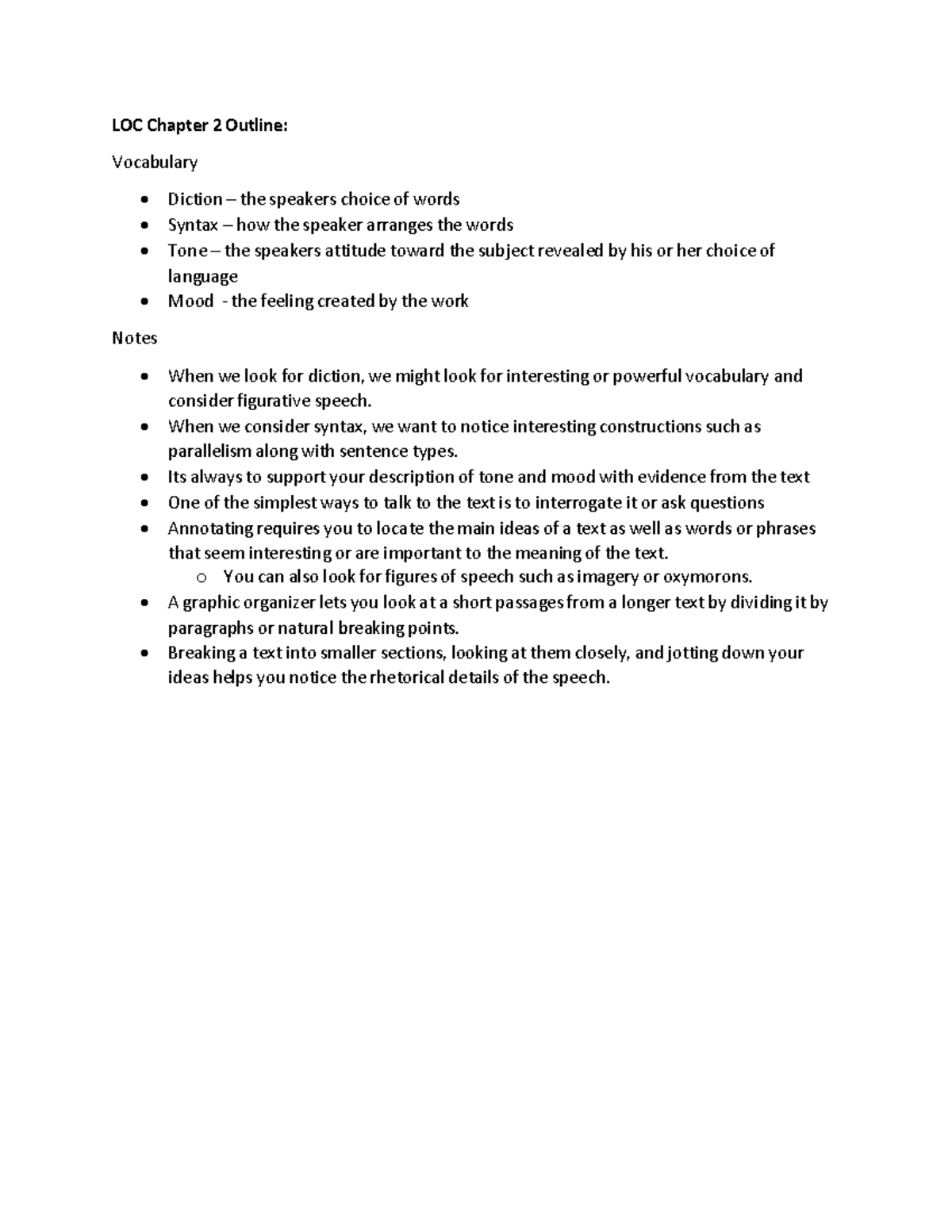 LOC 2: Diction, Syntax, Tone, and Mood Outline - Studocu