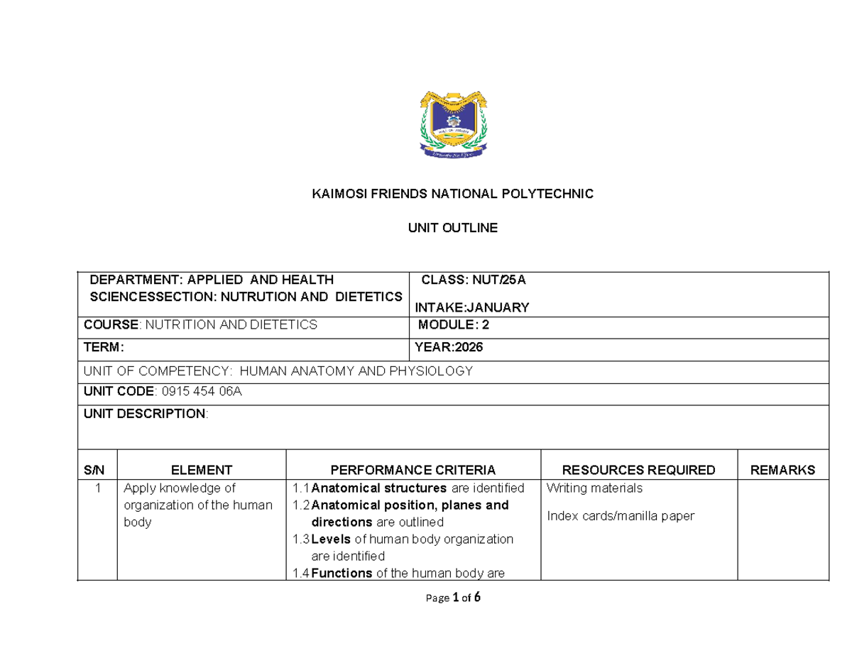 HAP 0915 454 06A Unit Outline: Human Anatomy & Physiology - Studocu