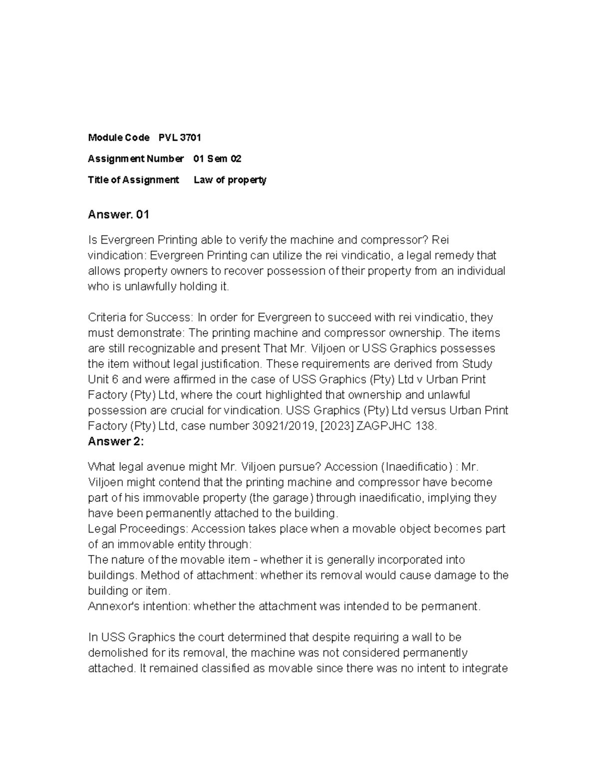 PVL 3701 Assignment 01: Law of Property Analysis and Case Study - Studocu