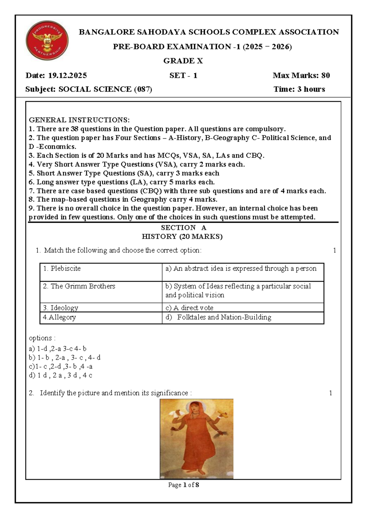 Bangalore Sahodaya Class 10 Social Science Exam Paper (2025-26) Set 1 ...