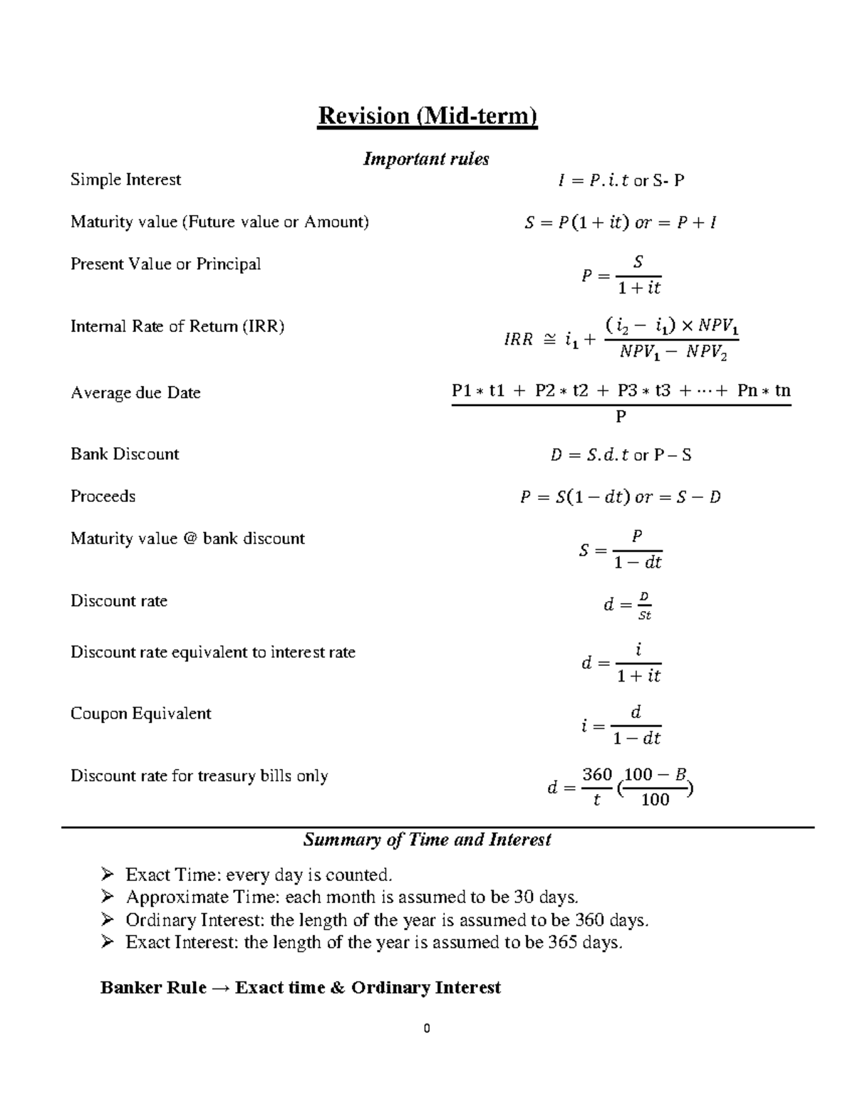Maths 2 Midterm Revision Notes on Simple Interest & IRR - Studocu