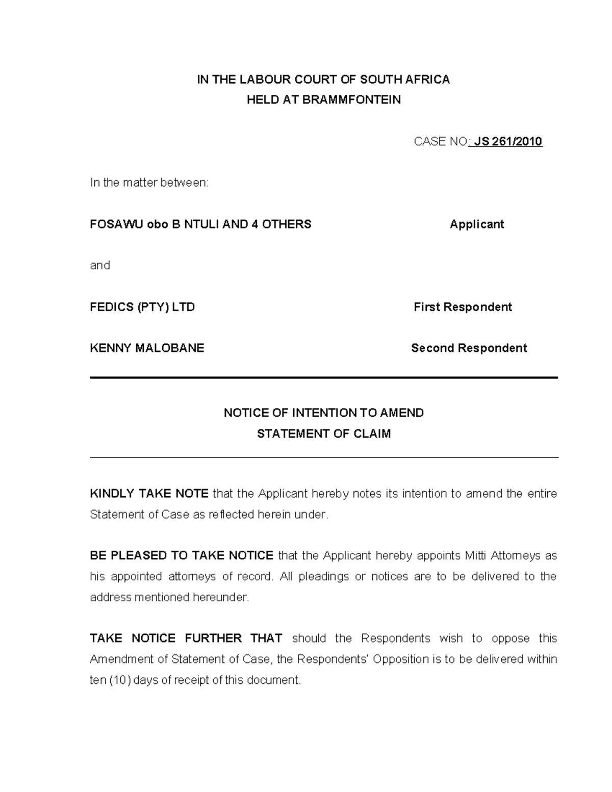 Notice of Intention to Amend Claim - Case No: JS 261/2023 - Studocu