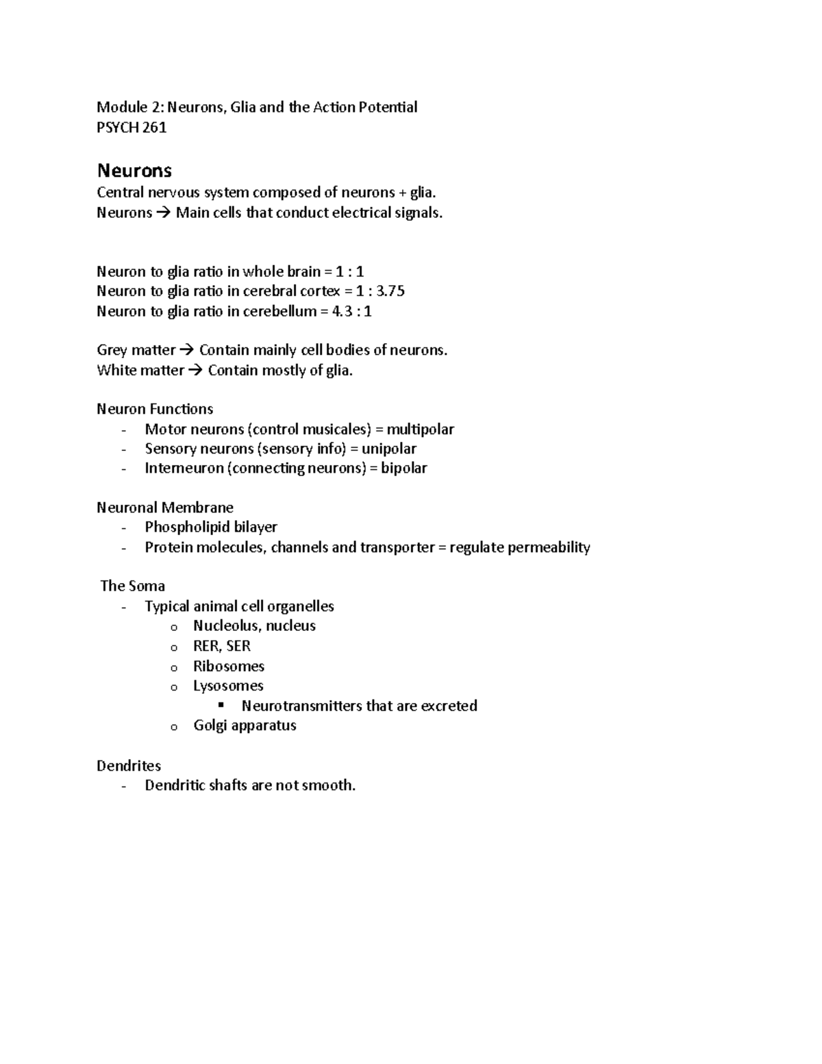 Module 2: Neurons, Glia, and Action Potential - PSYCH 261 Notes - Studocu