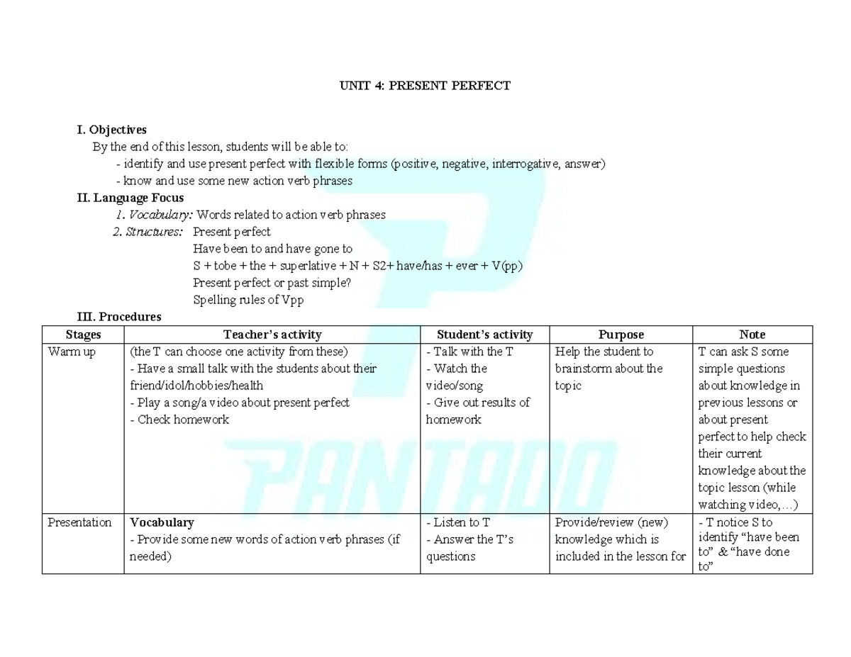 NEW Grammar TIME 4: Unit 4 - Present Perfect Lesson Plan - Studocu