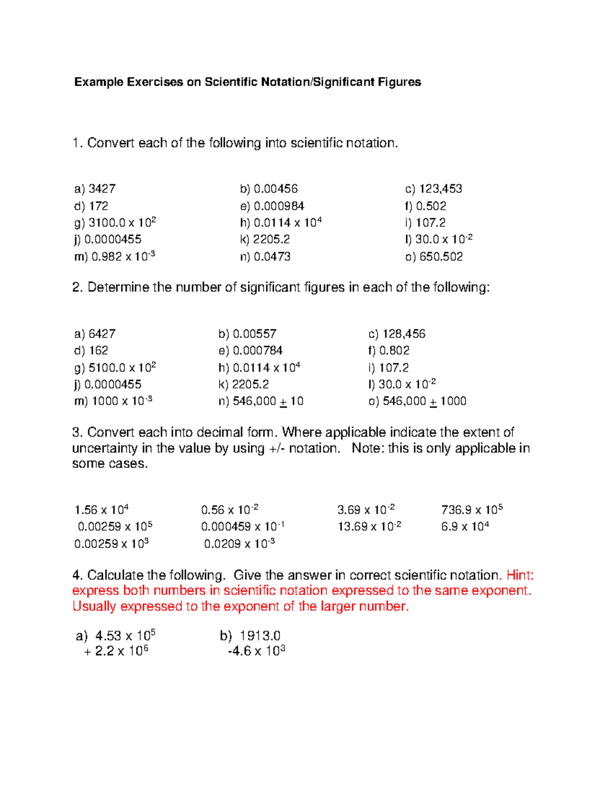 Example Exercises on Scientific Notation and Significant Figures - Studocu