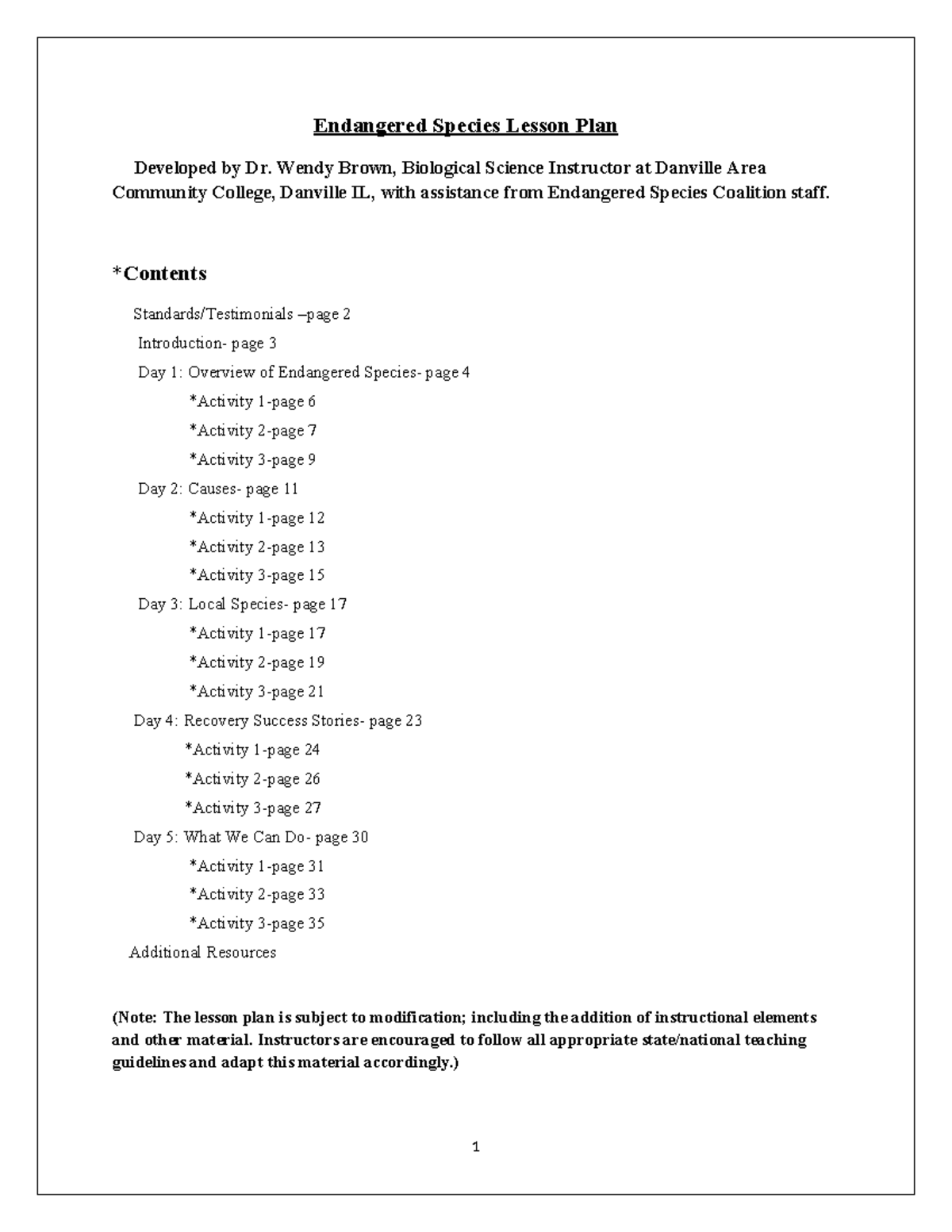 Endangered Species Curriculum: Comprehensive 5-Day Lesson Plan (ES 101 ...
