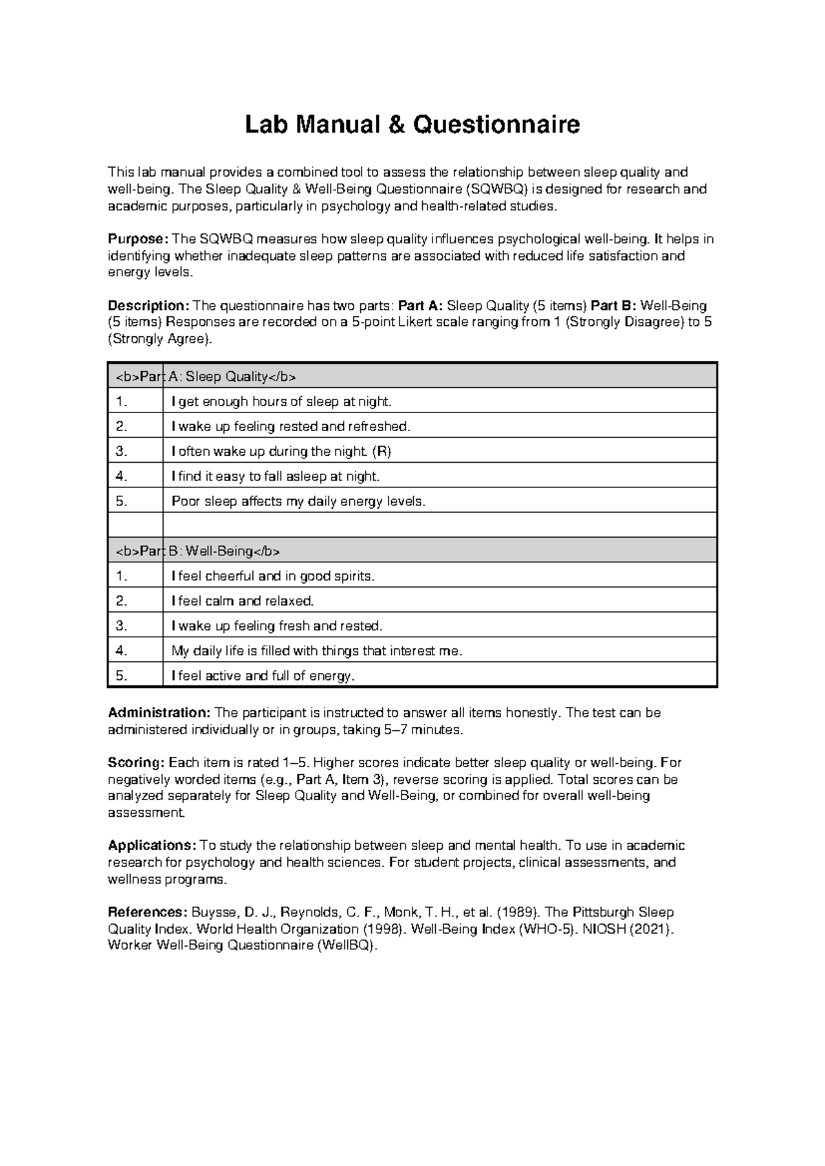 Sleep Quality & Well-Being Questionnaire Lab Manual - Studocu