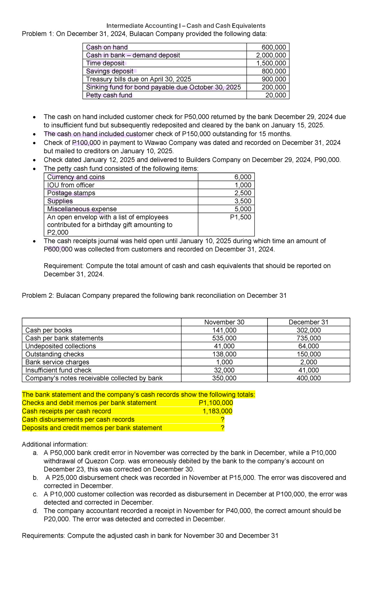 Intermediate Accounting I: Cash and Cash Equivalents Problems - Studocu