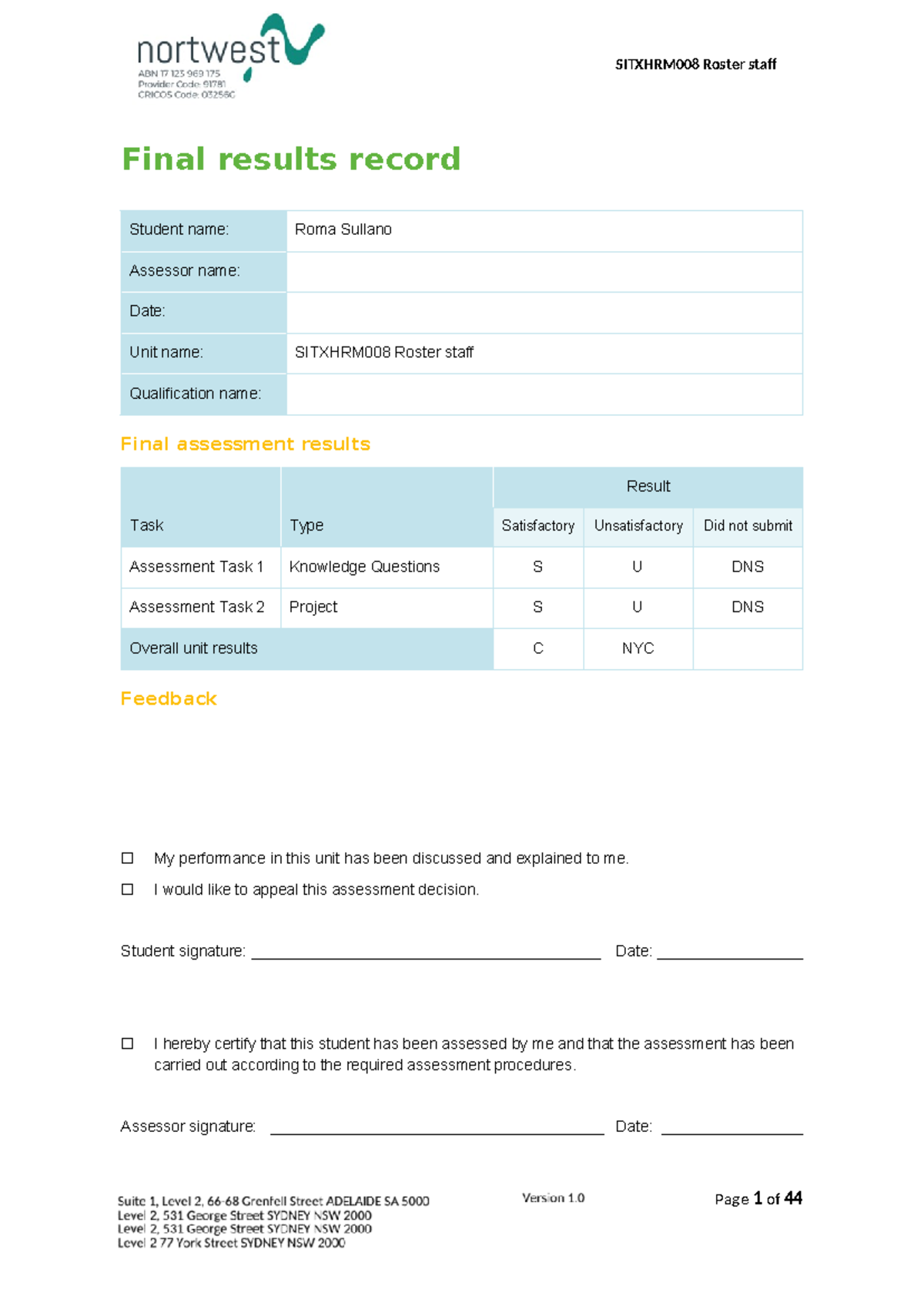 SITXHRM008 Final Student Assessment Tasks Results Record - Studocu