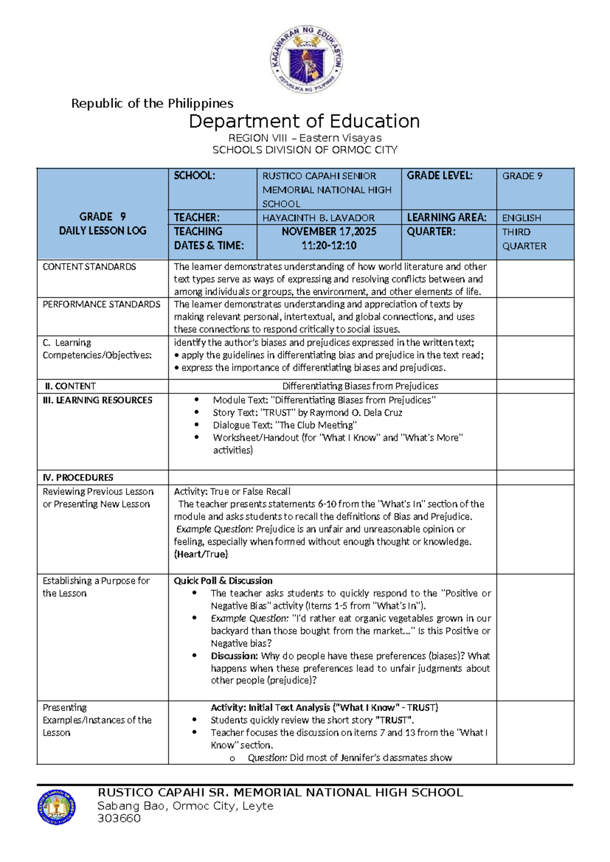 Grade 9 Daily Lesson Log: Understanding Bias and Prejudice (ENG 3Q ...