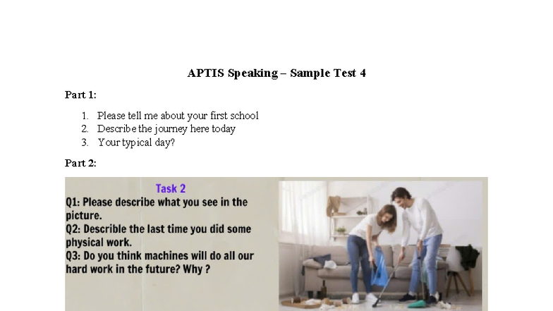 APTIS Speaking Sample Test 4 & 5: Practice Questions and Answers - Studocu