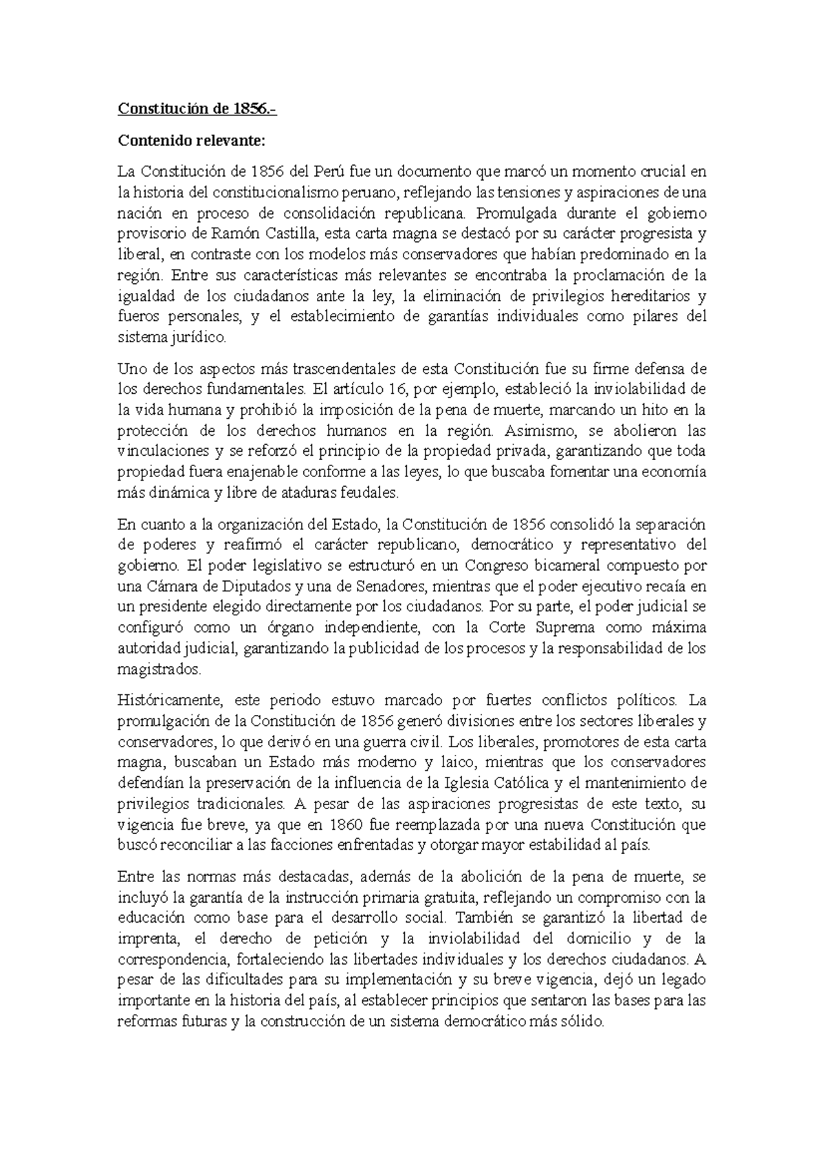 Constitución de 1856: Análisis y Contexto Histórico en Perú - Studocu