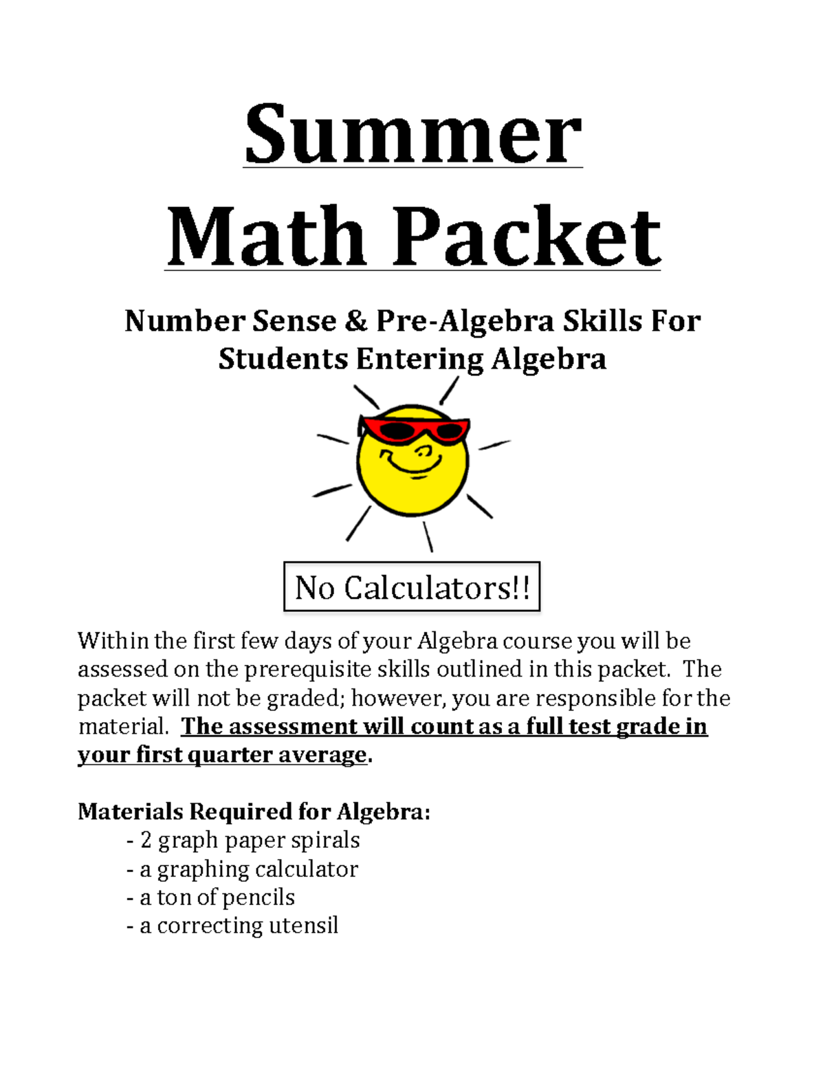 Entering Algebra Summer Packet - Summer Math Packet Number Sense & Pre ...